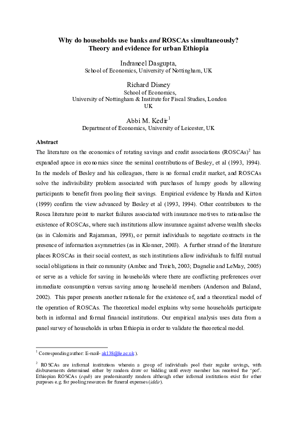 (PDF) Why do households use banks and ROSCAs simultaneously? Theory and ...
