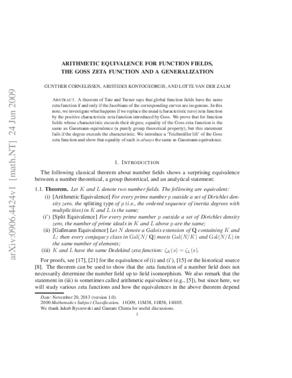 (PDF) Arithmetic equivalence for function fields, the Goss zeta function and a generalization