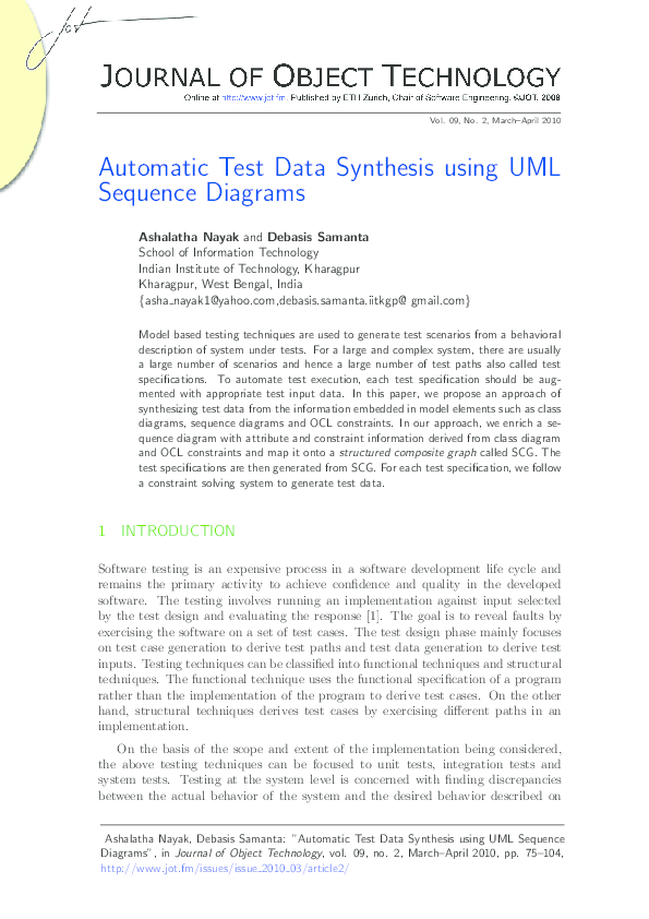 Pdf Automatic Test Data Synthesis Using Uml Sequence Diagrams