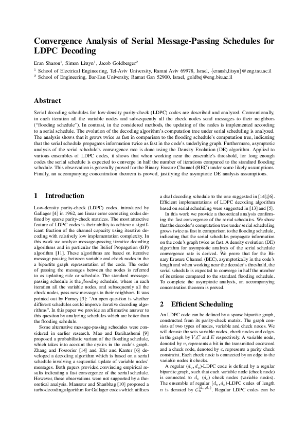 (PDF) Convergence analysis of serial message-passing schedules for LDPC decoding