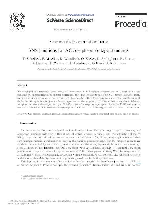(PDF) SNS Junctions for AC Josephson Voltage Standards | Oliver Kieler - Academia.edu