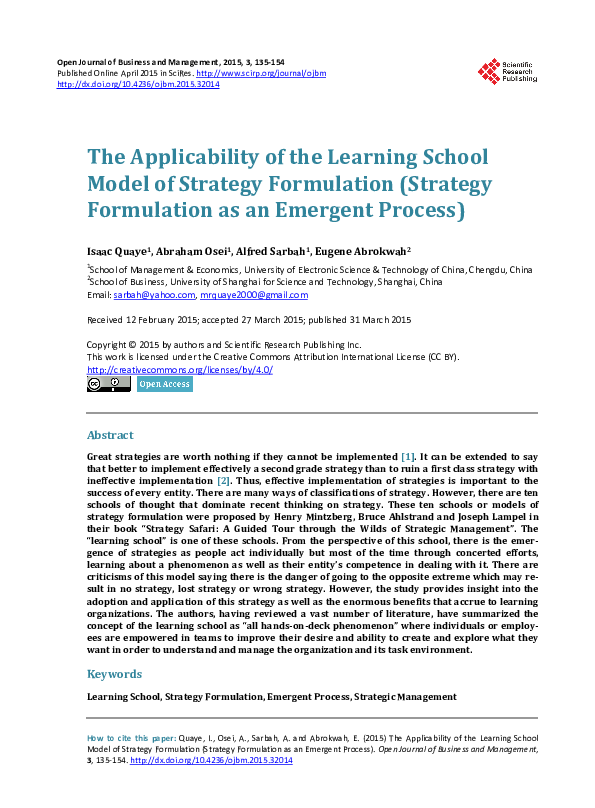 (PDF) The Applicability of the Learning School Model of Strategy ...