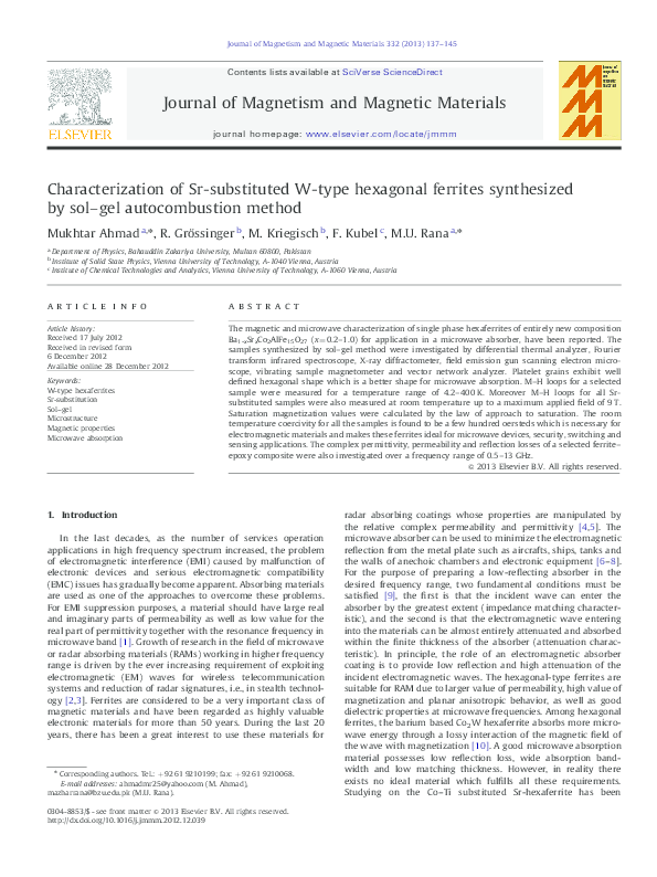 Pdf Characterization Of Sr Substituted W Type Hexagonal Ferrites