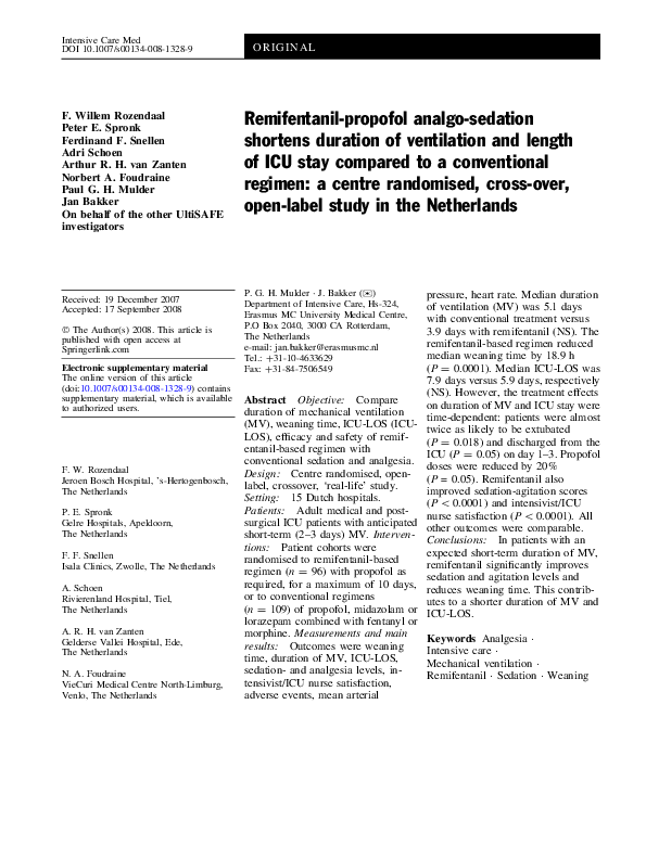 (PDF) Remifentanil-propofol analgo-sedation shortens duration of ventilation and length of ICU ...