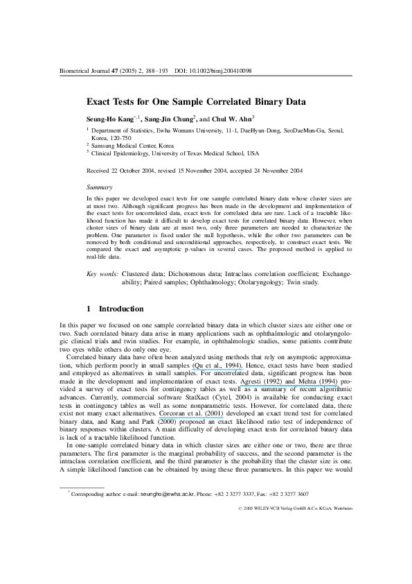(PDF) Exact Tests for One Sample Correlated Binary Data