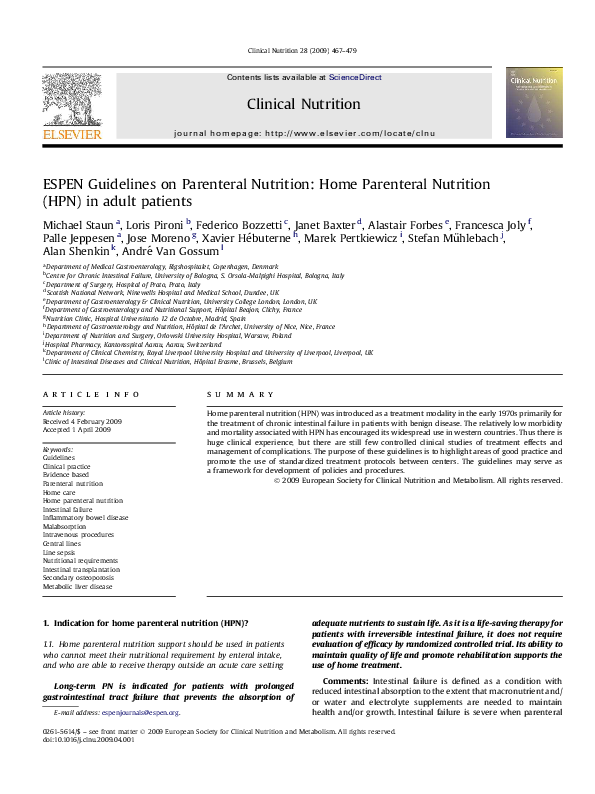 (PDF) ESPEN Guidelines on Parenteral Nutrition: Home Parenteral ...