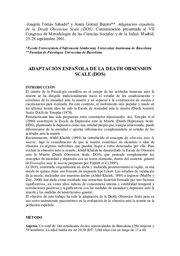 (PDF) Adaptación española de la Death Obsession Scale (DOS)
