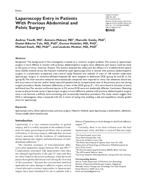 (PDF) Laparoscopy entry in patients with previous abdominal and pelvic ...