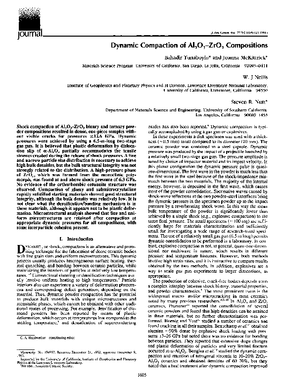 (PDF) Dynamic Compaction of Al2O3-ZrO2 Compositions | Bahadir Tunaboylu and J. McKittrick ...