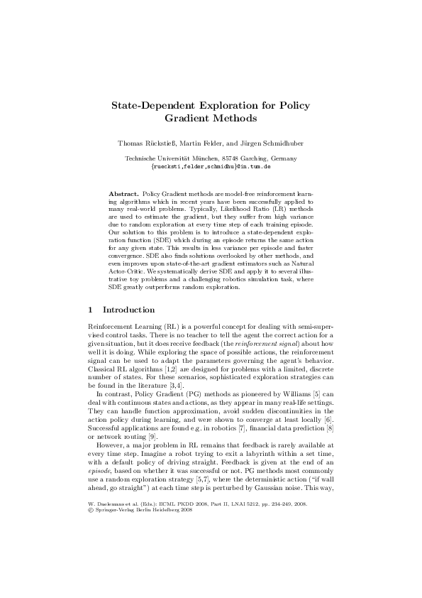 (PDF) State-Dependent Exploration for Policy Gradient Methods