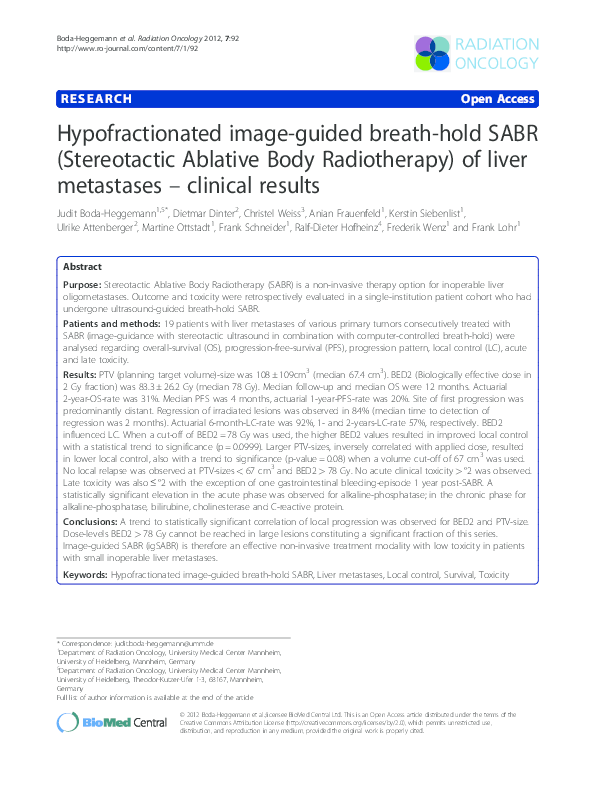 (PDF) Hypofractionated image-guided breath-hold SABR (Stereotactic Ablative Body Radiotherapy ...