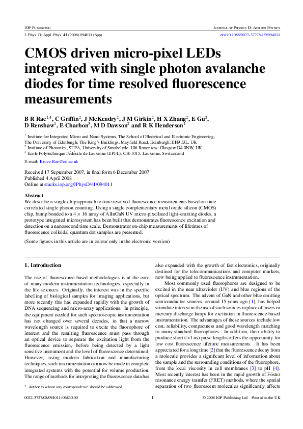(PDF) CMOS driven micro-pixel LEDs integrated with single photon avalanche diodes for time ...