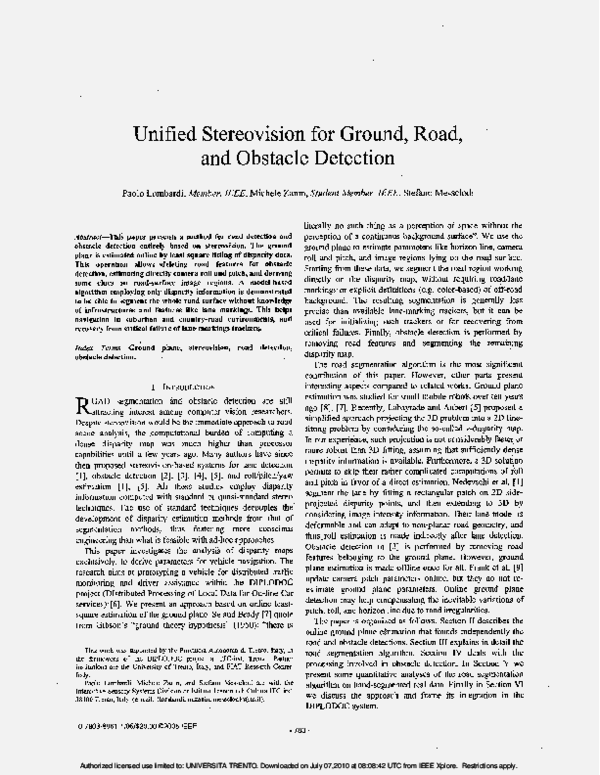 Pdf Unified Stereovision For Ground Road And Obstacle Detection