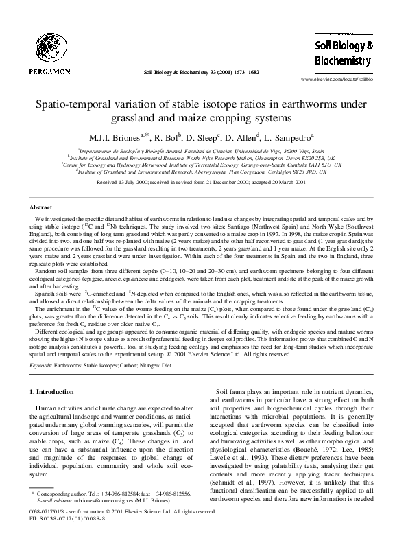 (PDF) Spatio-temporal variation of stable isotope ratios in earthworms under grassland and maize ...