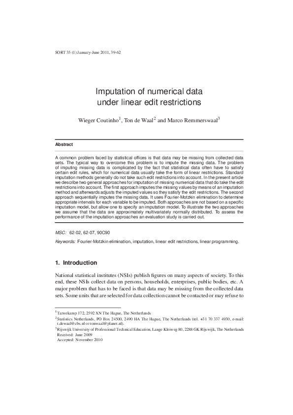 (PDF) Imputation of numerical data under linear edit restrictions
