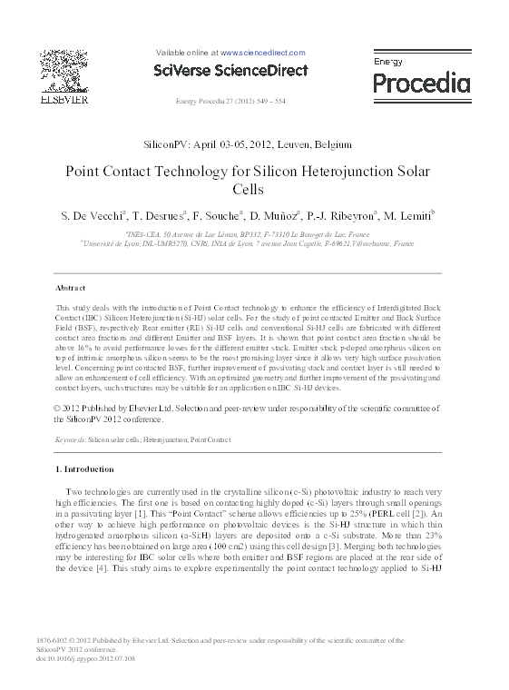 (PDF) Point Contact Technology for Silicon Heterojunction Solar Cells