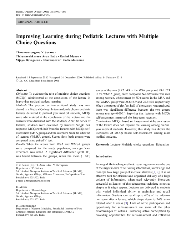 (PDF) Improving Learning during Pediatric Lectures with Multiple Choice ...