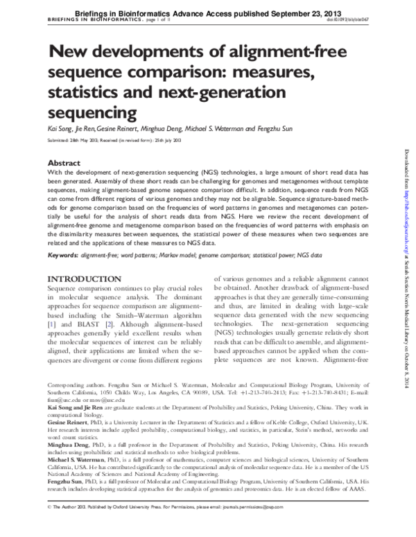 (PDF) New developments of alignment-free sequence comparison: measures, statistics and next ...