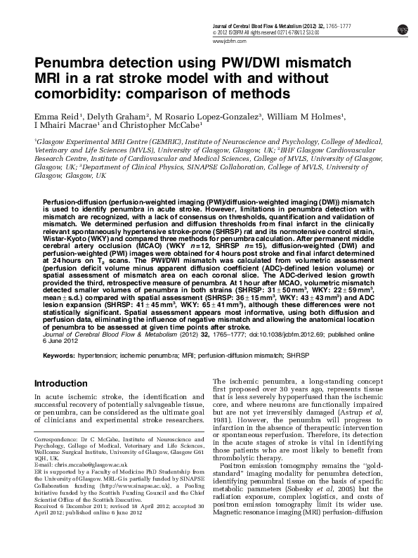 (PDF) Penumbra detection using PWI/DWI mismatch MRI in a rat stroke ...