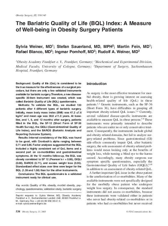 (PDF) The Bariatric Quality of Life (BQL) Index: A Measure of Well ...