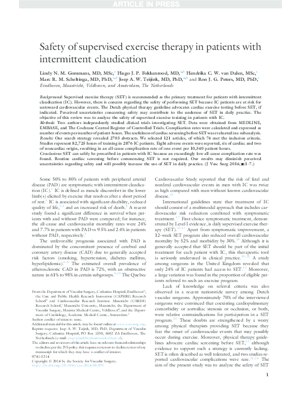 Pdf Safety Of Supervised Exercise Therapy In Patients With Intermittent Claudication Ron