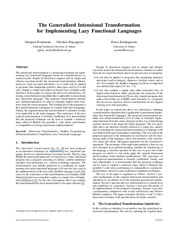 Pdf The Generalized Intensional Transformation For Implementing Lazy Functional Languages