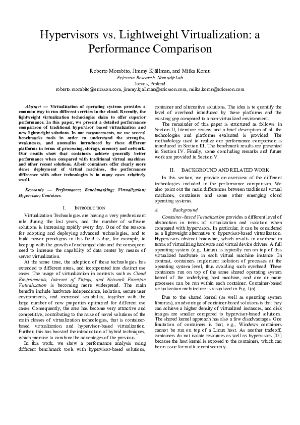 Pdf Hypervisors Vs Lightweight Virtualization A Performance Comparison