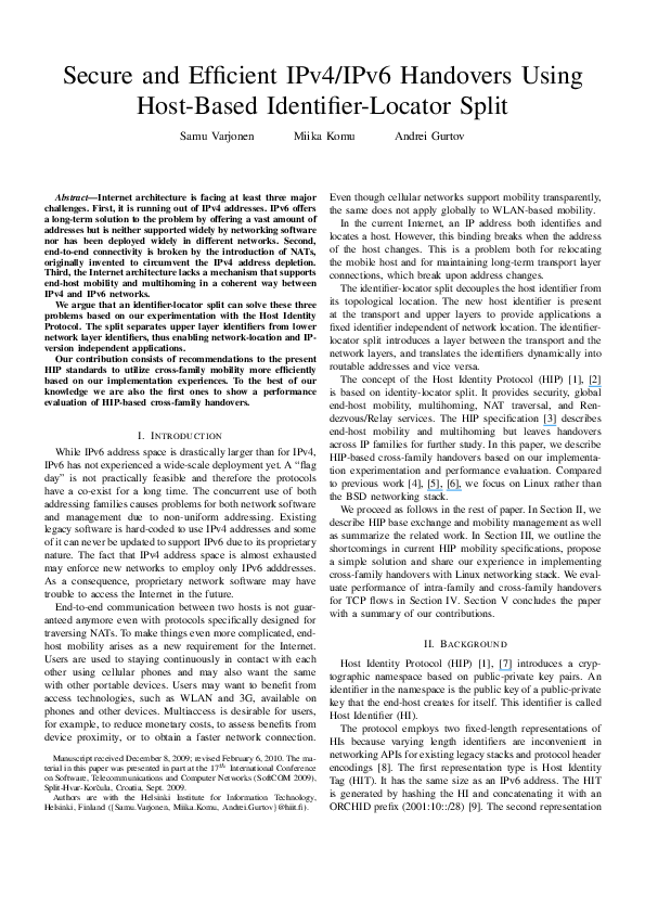Pdf Secure And Efficient Ipv4v6 Handovers Using Host Based Identifier Location Split Miika 