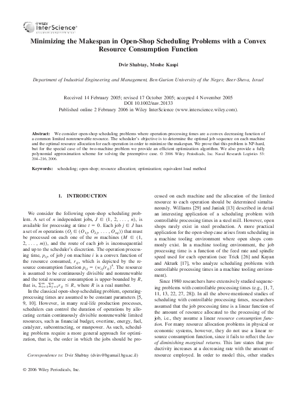 Pdf Minimizing The Makespan In Open Shop Scheduling Problems With A Convex Resource