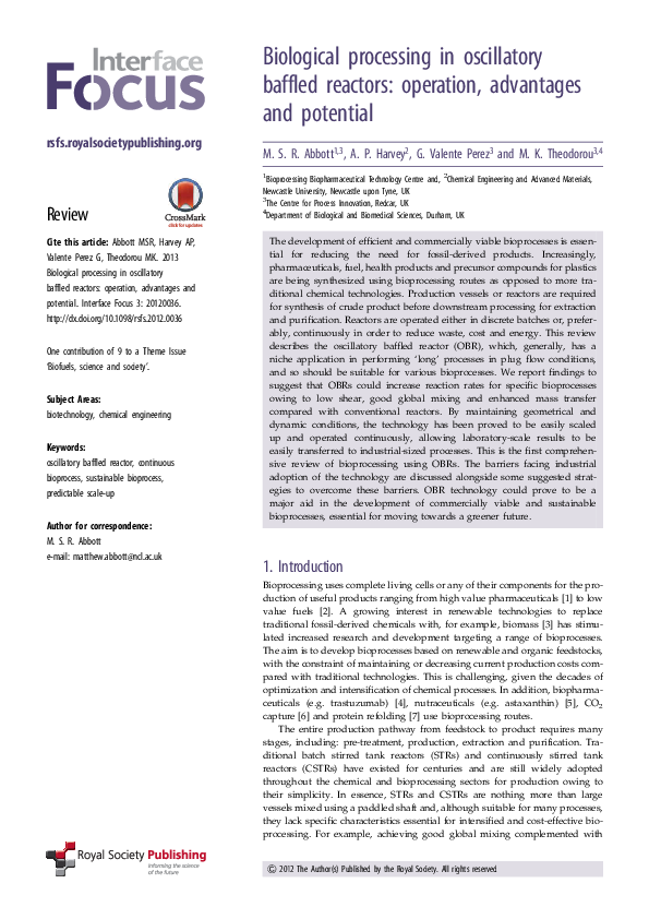 (PDF) Biological processing in oscillatory baffled reactors: operation, advantages and potential