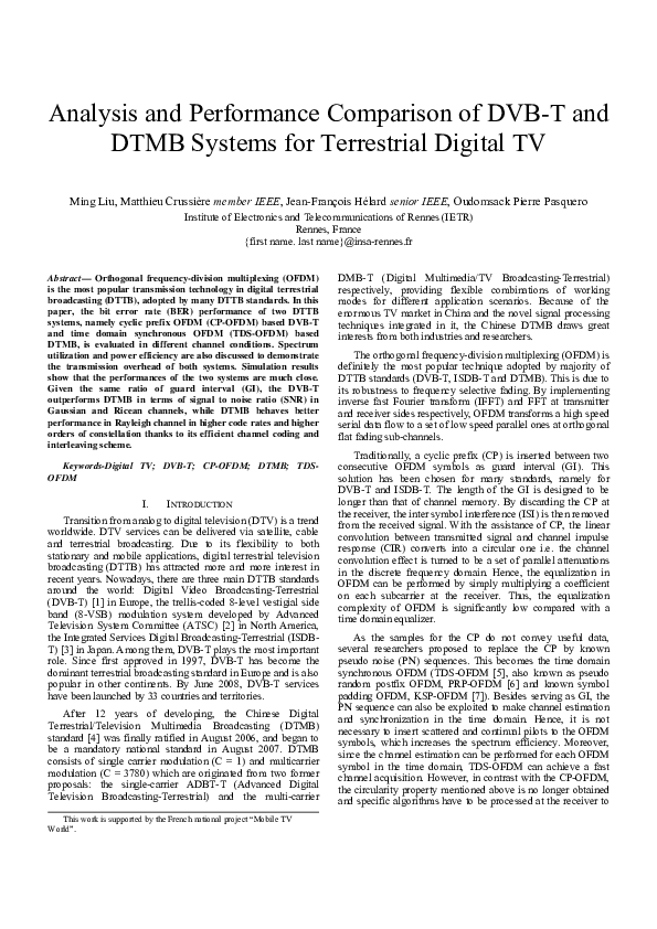 (PDF) Analysis and performance comparison of DVB-T and DTMB systems for terrestrial digital TV