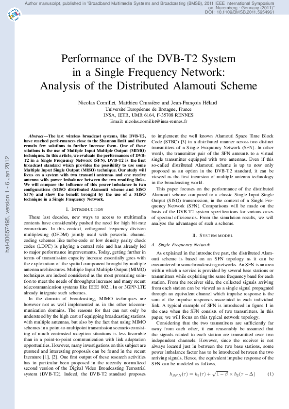 (PDF) Performance of the DVB-T2 system in a Single Frequency Network ...