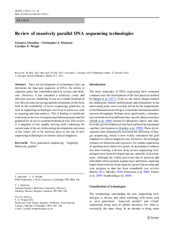 Pdf Review Of Massively Parallel Dna Sequencing Technologies