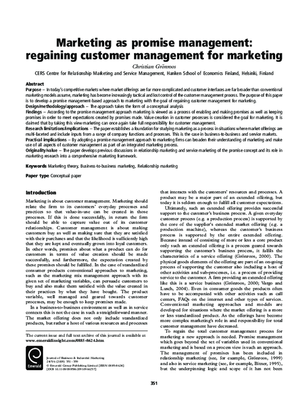 (PDF) Marketing as promise management: regaining customer management ...