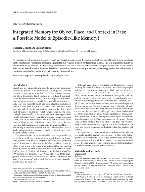 Pdf Integrated Memory For Object Place And Context In Rats A