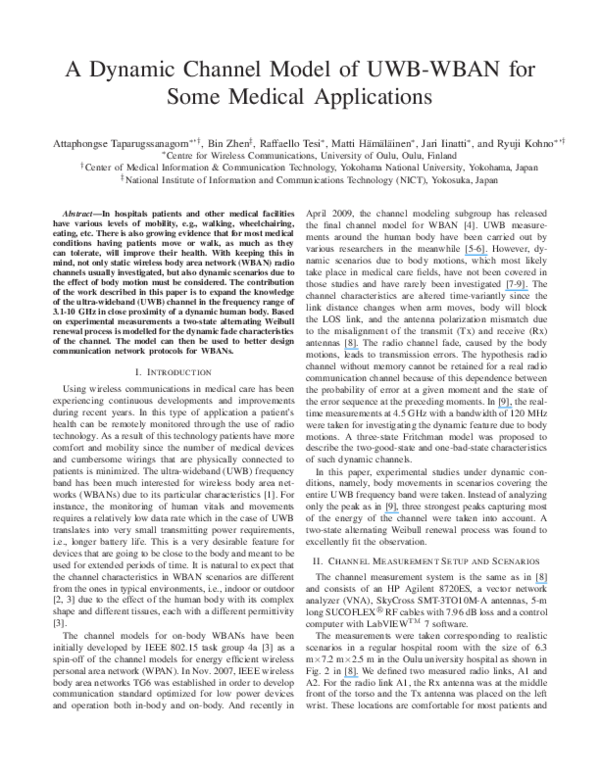 (PDF) A dynamic channel model of UWB-WBAN for some medical applications