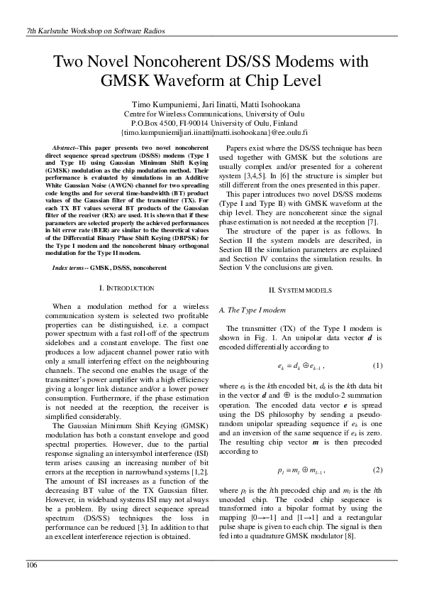 (PDF) Two Novel Noncoherent DS/SS Modems with GMSK Waveform at Chip Level