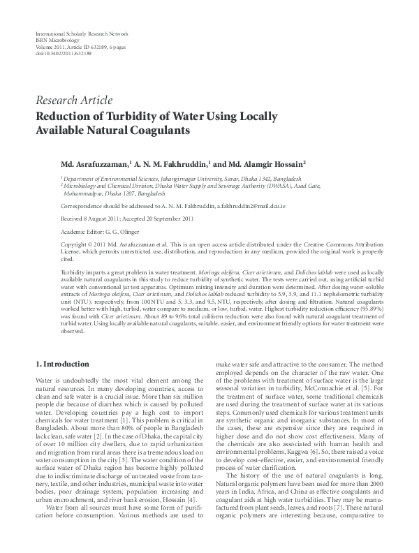 (PDF) Reduction of turbidity of water using locally available natural ...