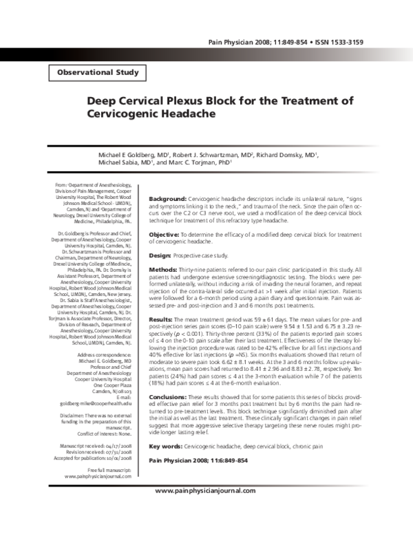 (PDF) Deep cervical plexus block for the treatment of cervicogenic headache