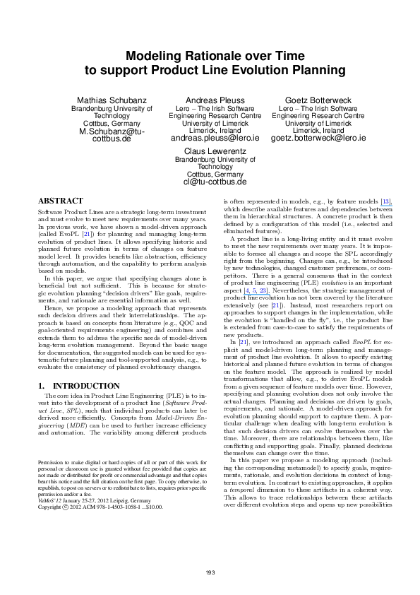 Pdf Modeling Rationale Over Time To Support Product Line Evolution