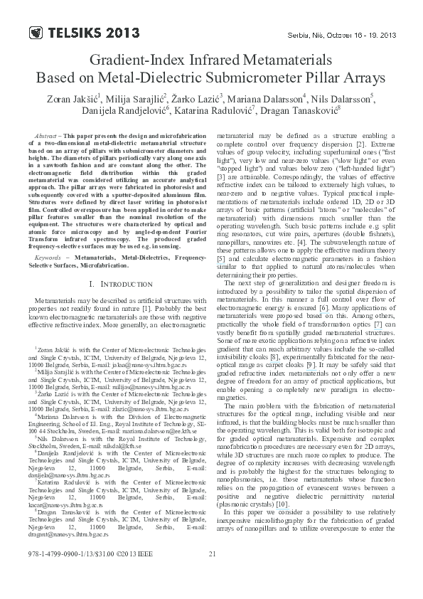 Pdf Gradient Index Infrared Metamaterials Based On Metal Dielectric Submicrometer Pillar Arrays