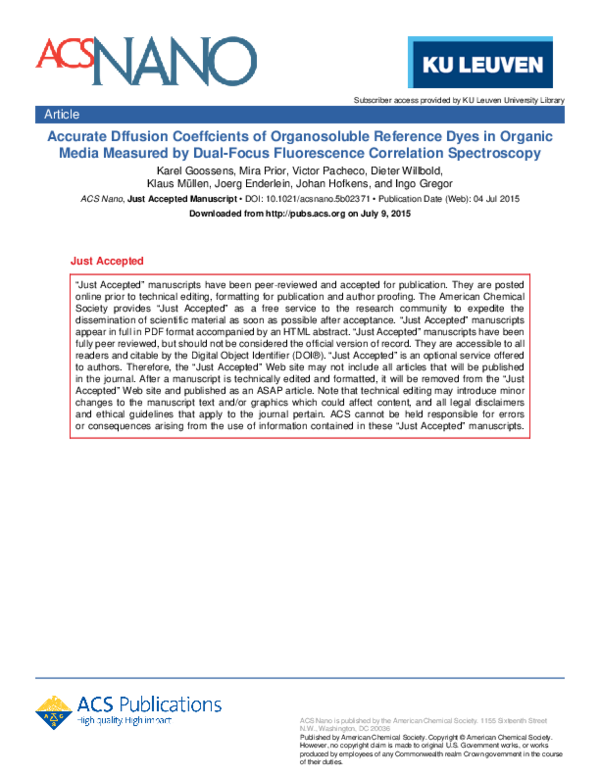 Pdf Accurate Diffusion Coefficients Of Organosoluble Reference Dyes In Organic Media Measured