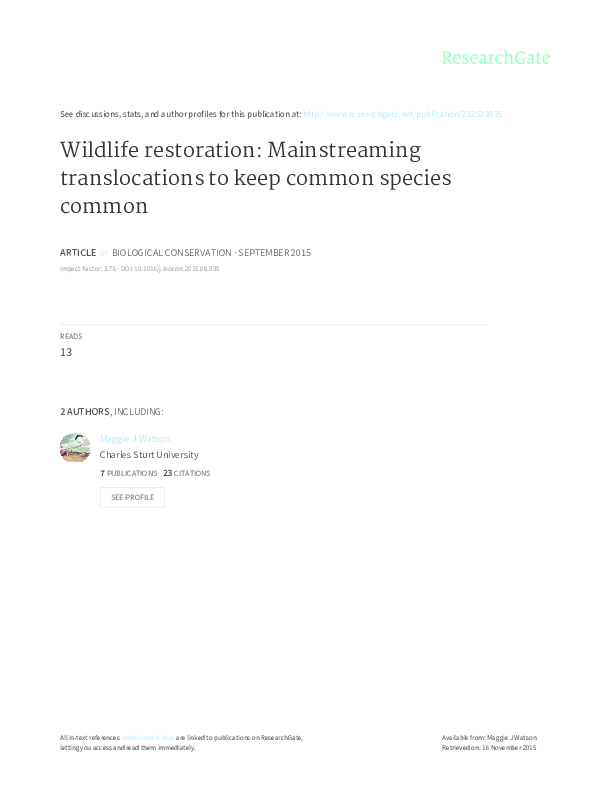 (PDF) Wildlife restoration: mainstreaming translocations to keep common ...