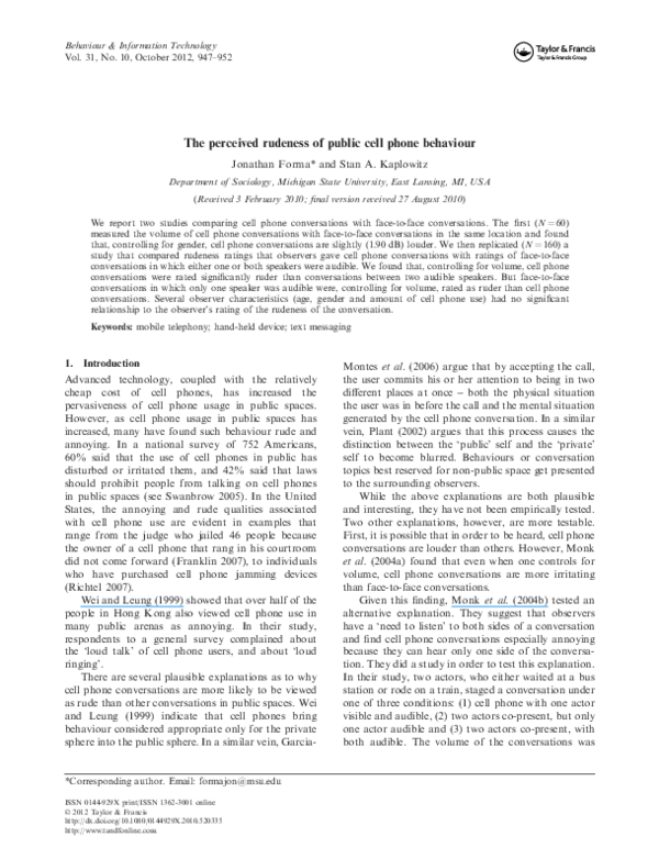 (PDF) The perceived rudeness of public cell phone behaviour