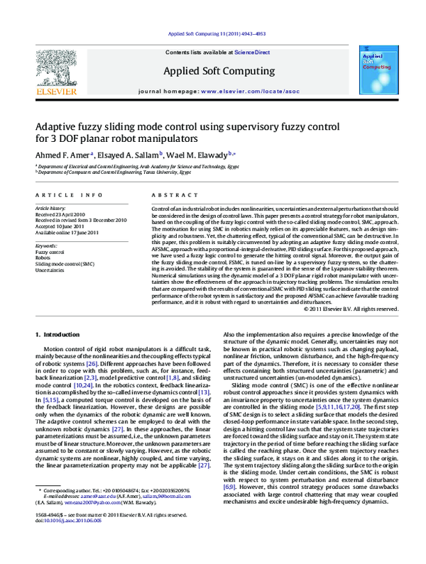 Pdf Adaptive Fuzzy Sliding Mode Control Using Supervisory Fuzzy