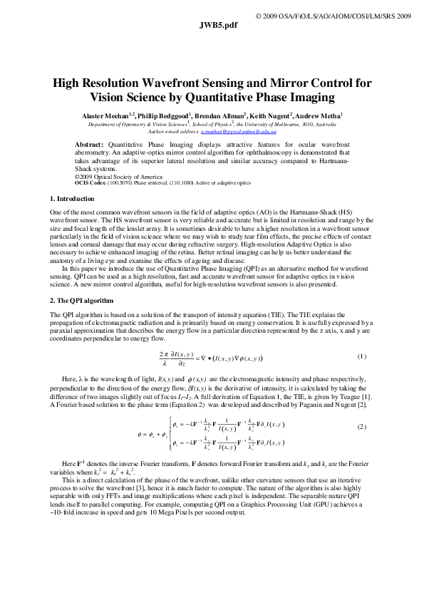 (PDF) High Resolution Wavefront Sensing and Mirror Control for Vision ...
