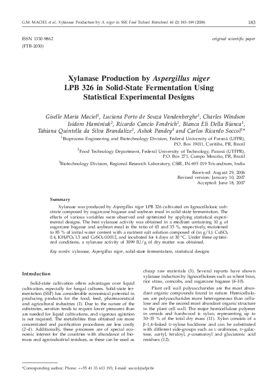 (PDF) Xylanase production by Aspergillus niger lpb 326 in solid-state fermentation using ...