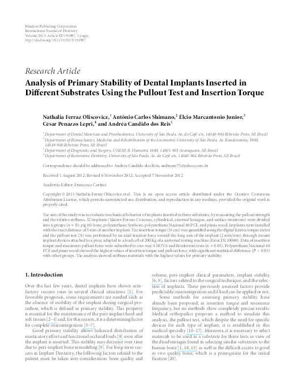 (PDF) Analysis of Primary Stability of Dental Implants Inserted in ...