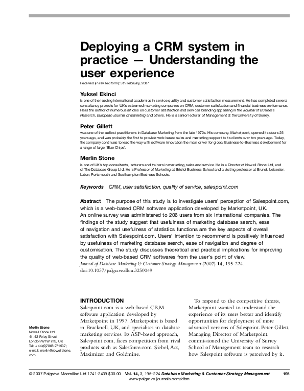 Pdf Deploying A Crm System In Practice — Understanding The User Experience