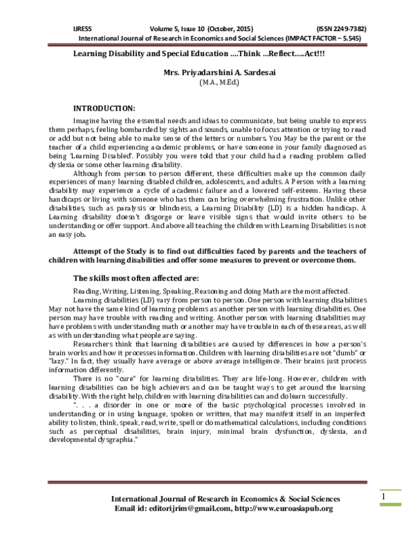 (PDF) Learning Disability and Special Education ….Think …Reflect…..Act!!!